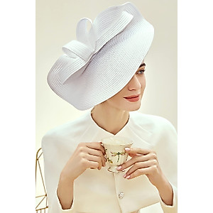 BABEYOND Tea Party Fascinator Kentucky Hat Women’s Fascinator Straw Derby Pillbox Hat for Cocktail Wedding (White)