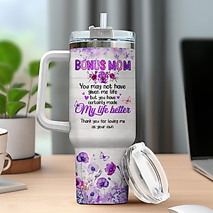 99WHALE Tumbler 40 Oz With Handle Lid And Straw, Bonus Mom Purple Floral, Bonus Mom Gifts, Light Be Tumblers Cup Mama Mother For Funny Mommy Coffee Yellow Flower Cups