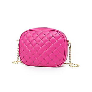 Girls Hot Pink Shoulder Crossbody Purse and Handbag - Teens Cute Small Trendy Quilted Lather Satchel - Messenger Bags Wallet Travel Bag for Women