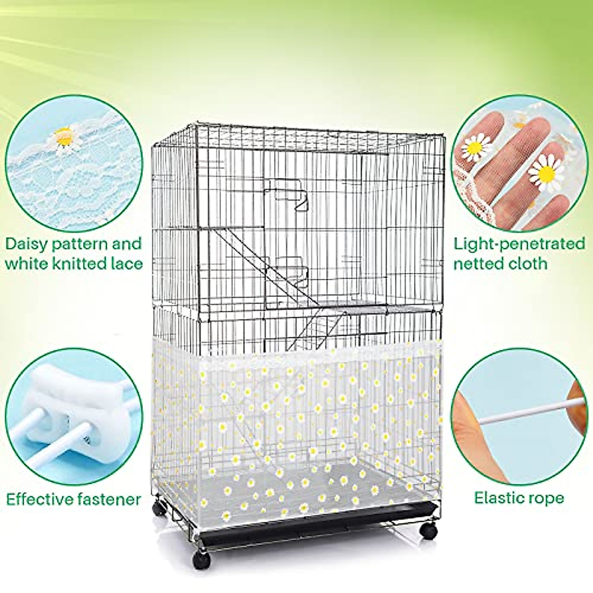 Large Bird Cage Cover Bird Cage Seed Catcher Bird Cage Liner Net Bird Cage Skirt Guard Birdcage ,Adjustable Nylon Mesh Net for Parrot Parakeet Macaw Round Square Cage Daisy Design (White,X-Large)
