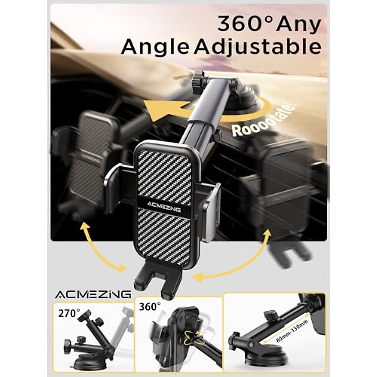 ACMEZING 3-in-1 Car Phone Holder Mount 【Extreme Terrain Stability】 Dashboard Windshield Air Vent 【Double Metal Hook】 Cell Phone Holders for Your Car for iPhone Samsung All Smartphones & All Car Model