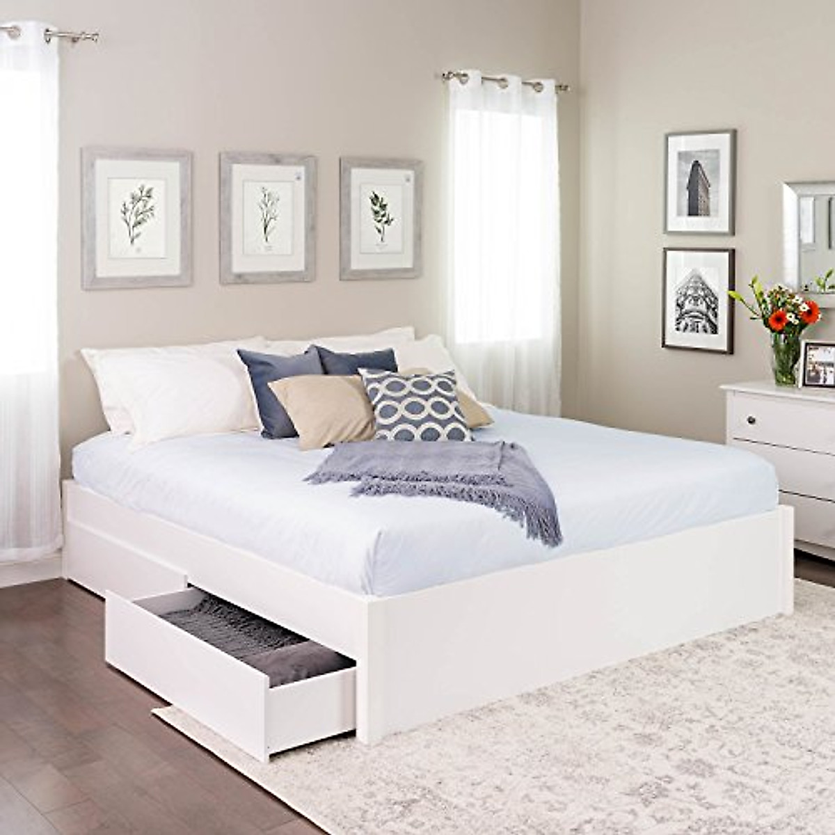 Prepac Select King 4-Post Raised Platform 2-Drawer Storage Bed, Modern King Storage Bed with Drawers 83" D x 79" W x 16" H, White, WBSK-1302-3K
