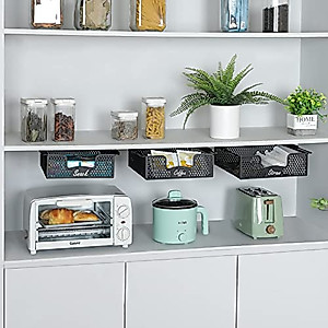 3 Pack Hanging Pullout Drawer Basket, Sliding Under Shelf Storage Organizer with nameplates, Under Shelf Baskets Under Cabinet Organizer Under Desk Drawer for Kitchen Pantry Cabinet, Attaches to Shelf
