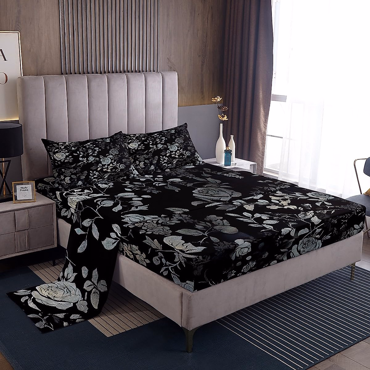 Feelyou Rose Sheet Set Full Size Kids Rose Floral Print Sheets with Deep Pocket Fitted Sheet for Boys Girls Teens Romantic Flowers Pattern Bed Sheets Set Black Bedding Set