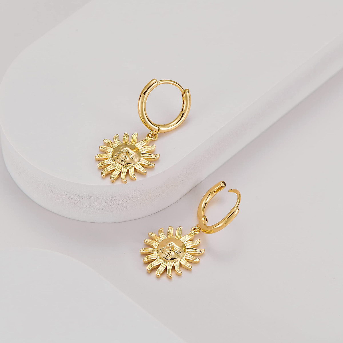 WOWORAMA Gold Sun Earrings for Women 18K Gold Hoop Dangle Earrings Dainty Huggie Hoop Earrings with Sun Charm Minimalist Statement Hoop Earrings Trendy Jewelry Gifts