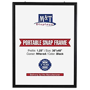 M&T Displays Portable Snap Poster Frame 30x40 Inch Black 1.25" Aluminum Profile Front Loading Wall Mounting Photo Picture Document Certificate Sign Holder Mitered Corner Anti Glare Cover