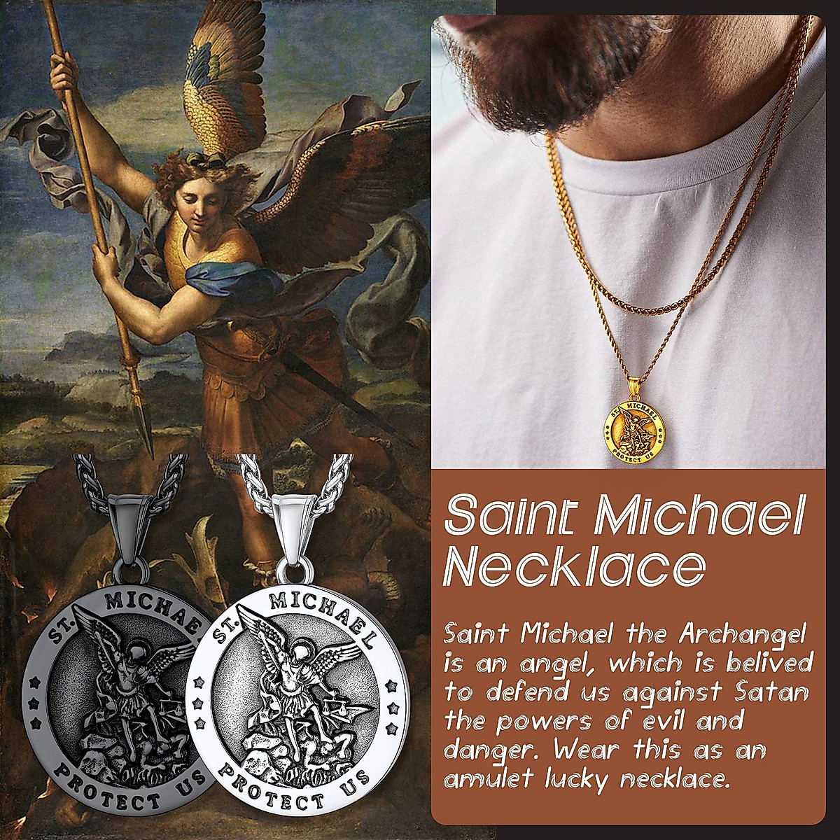 Bestyle Chunky St Michael Necklace Stainless Steel Round Saint Michael Medal Icon Protection Necklace with 3 mm 22+2 In Long Spiga Chain