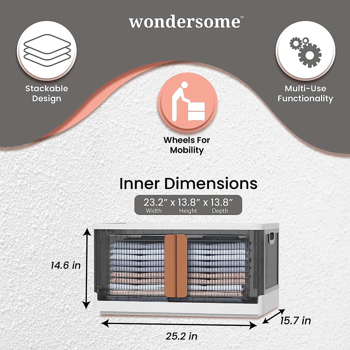 Wondersome Collapsible Storage Bins - 6-Pack of Extra-Large 19-Gallon/76-Quart Stackable Wheeled Clothing, Shoe, Bedroom, Office Organizer - Foldable Containers - Assembles in Second - US-Based Brand