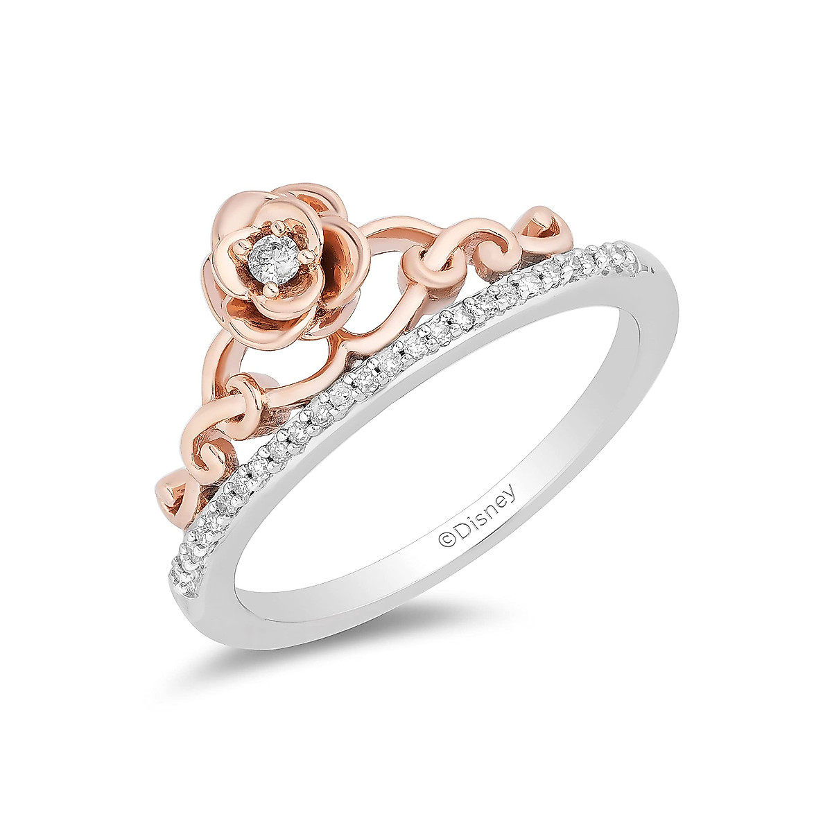 Jewelili Enchanted Disney Fine Jewelry 14K Rose Gold over Sterling Silver with 1/10 Cttw Diamond Belle Rose Ring Size 7