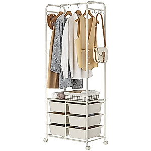 Ytaoka White Clothes Rack with 6 Drawers and 8 Side Hooks, Rolling Clothing Racks for Hanging Clothes with Wheels, Heavy Duty Metal Garment Rack, Standing Clothes Hanger Rack, Easy to Assemble