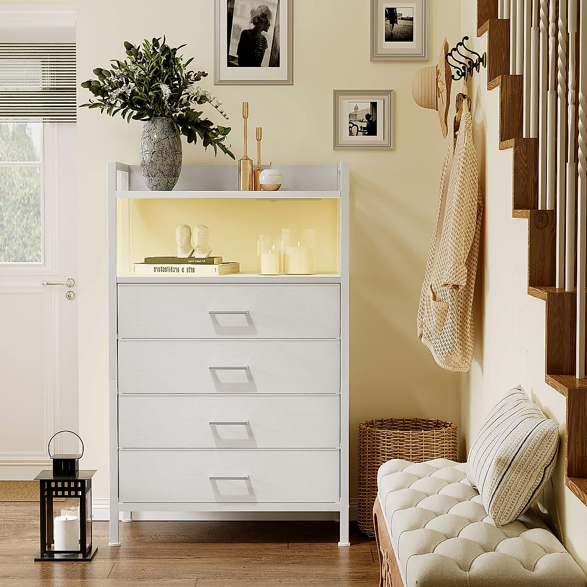 KAI-ROAD White Dresser for Girls Bedroom, 4 Drawer Dresser with LED Light and Charging Station, Tall Nightstand Large Kids Dresser with Open Shelf