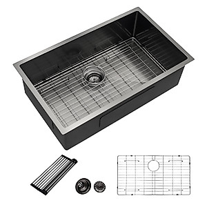 Dcolora 32 Inch Matte Black Undermount Kitchen Sink Gunmetal Stainless Steel 16 Gauge Single Bowl Under Counter Basin, 32"x19"x10", DC-U7726