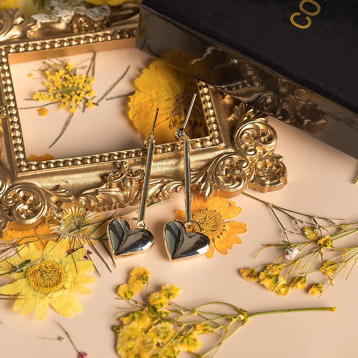 Cowlyn Heart Earrings Love Pendant Long 925 Silver Needle 14K Gold Dangle Drop Stud Cute Jewelry Valentines Day Gift for Women