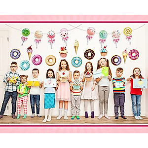 Sepamoon 32 Pcs Candy Party Decorations Includes Ice Cream Cut Outs Donuts Cutouts Round Lollipop Cupcakes Candyland with Glue Point Dots for Classroom Home Room Decor
