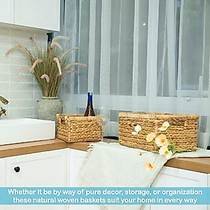 Wicker Baskets for Storage Organizing, Water Hyacinth Storage Baskets Rectangular with Wooden Handles for Shelves, Natural Wicker Storage Basket Bins - Set of Wicker Baskets for Home Organization