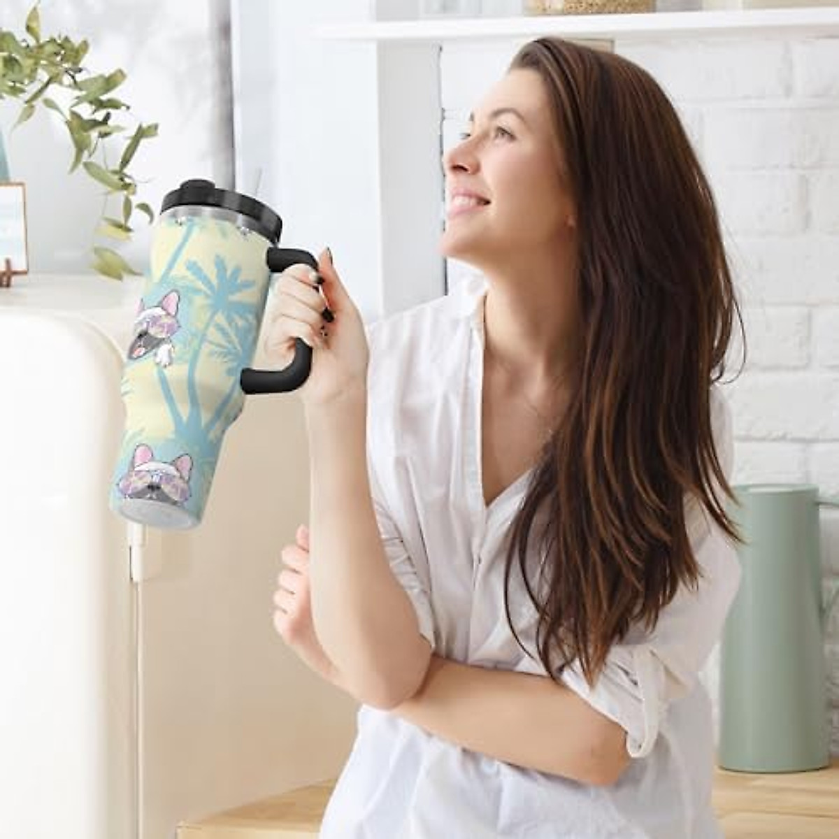 pnyoin Summer Bulldog Insulated Tumblers With Handle And Straw 30 oz Stainless Steel Tumbler Cups With Lid Leakproof BPA-Free Water Bottle,Cup Holder Compatible for Travel