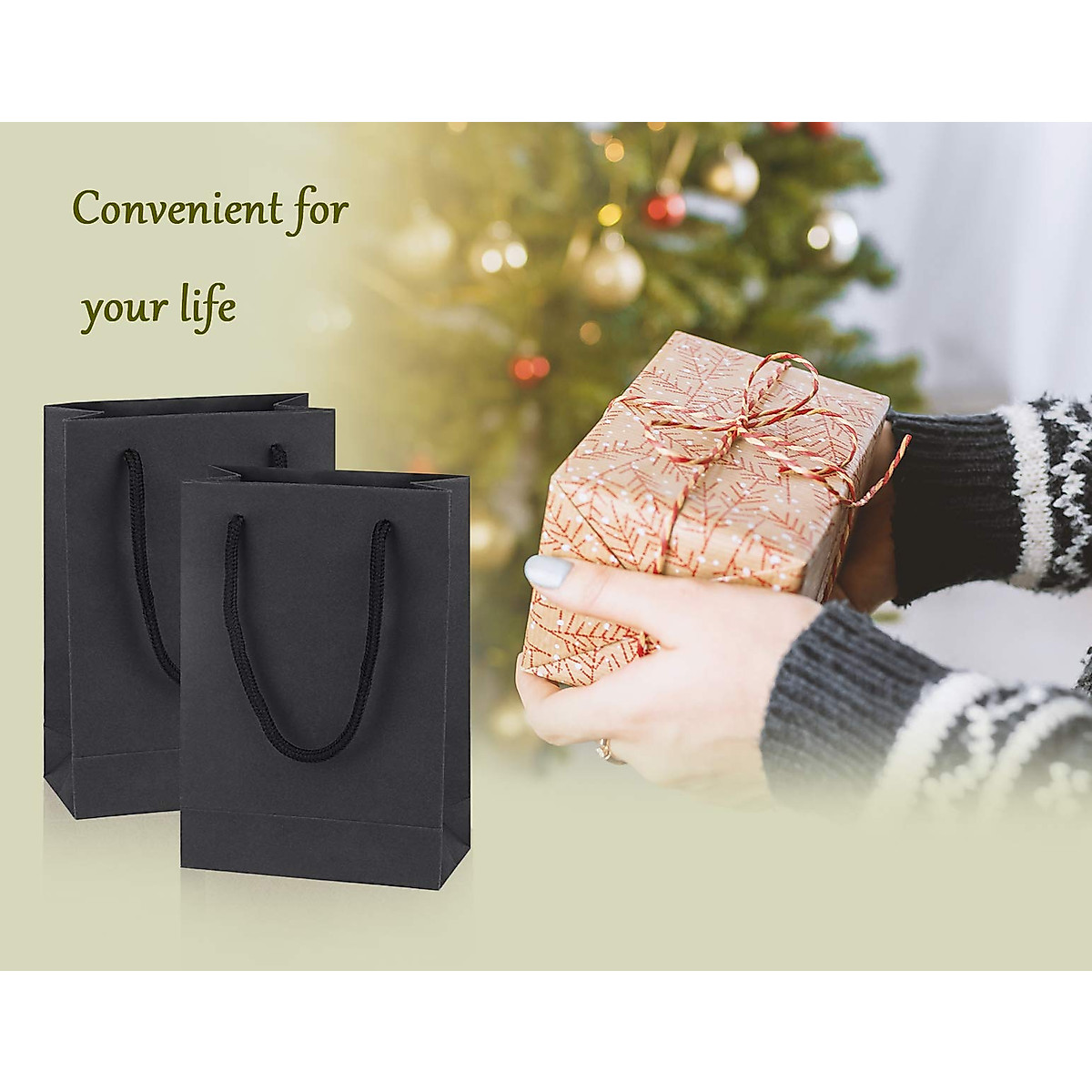 driew Gift Bags Black 50 Pack, Black Paper Gift Bags with Cotton Handle 5x2x7.5 inches Party Gift Bags