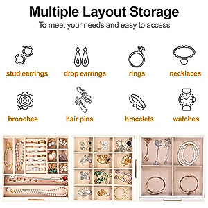 Zglori Jewelry Box, 3 Layers Jewelry Organizer with Glass Lid, 2 Drawers Jewelry Storage Case Holder for Women, Girls