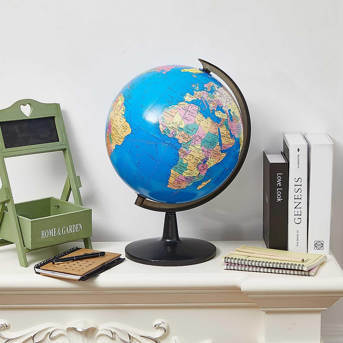 Lewtemi 13 Inch World Globe with Stand, Blue, Metal & Plastic Base, Political Map, Easy Rotate, Retro Style, Educational Globe for Students & Teachers