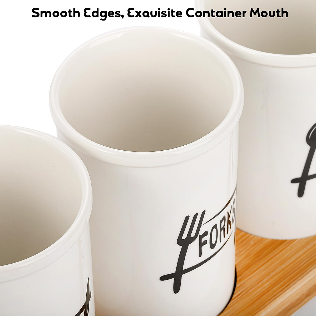 Youeon 3 Pcs Ceramic Silverware Caddy Utensil Holder for Countertop, Silverware Organizer with Bamboo Tray, Spoon and Fork Holder, Flatware Organizer Utensil Caddy for Counter, Cabinet, Restaurant