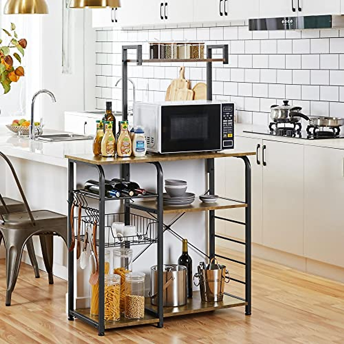 Yaheetech Kitchen Bakers Rack with Wire Basket, Microwave Stand Cart Coffee Bar with 10 S-Hooks, Kitchen Utility Storage Shelf with Wine Storage for Spices, Pots, Pans, Rustic Brown