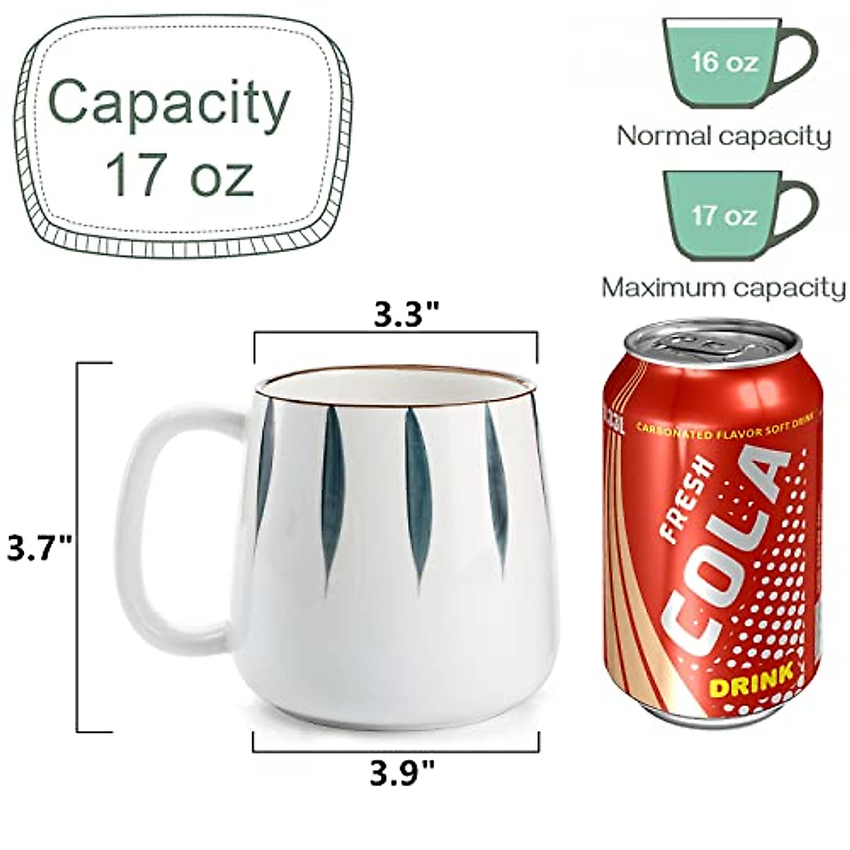 DEAYOU 4-Pack Porcelain Coffee Mugs, 17 Oz Ceramic Coffee Cups with Handles, Large Stoneware Mugs for Tea, Hot or Cold Drinks, Cappucino, Hot Chocolate, Milk, Gift, Hand-Painted Patterns (4 Styles)