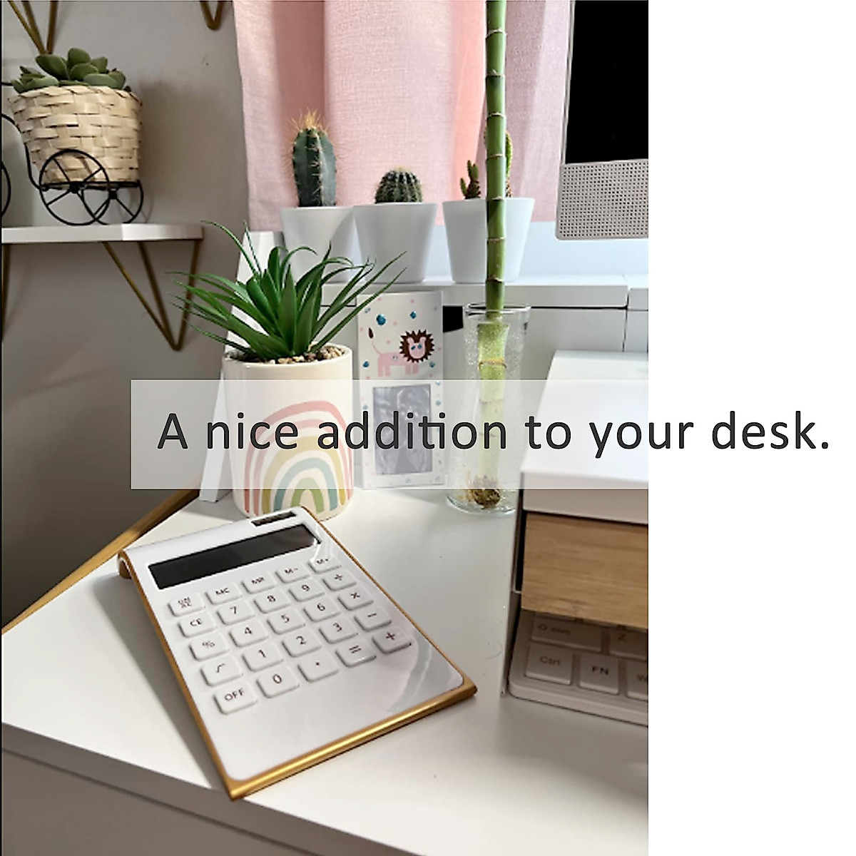 XYSRZ Calculator, Slim Elegant Design, Office/Home Electronics, Dual Powered Desktop Calculator, Solar Power, 10 Digits, Tilted LCD Display, Inclined Design, White,1- Pack