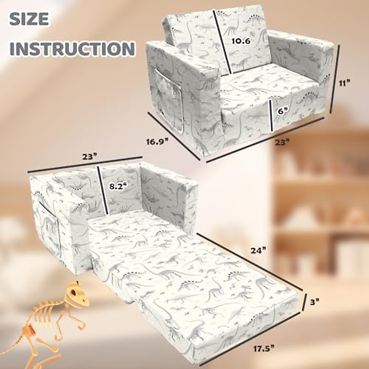 Hän Babos Kids Couch, 2-in-1 Convertible Sofa to Lounger, Comfy Flip-Out Couch Chair/Sleeper Bed for Toddler Boys and Girls (Dinasour Fossil)