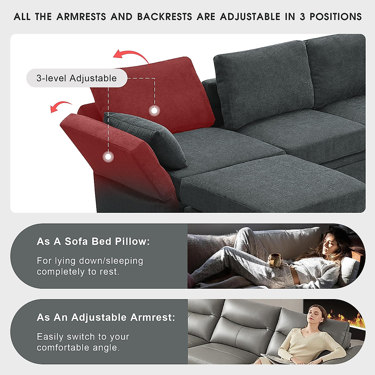 Ucloveria Chenille Modular Sectional, U Shaped Couch with Adjustable Armrests and Backrests,6 Reversible Sofa Bed with Storage Seats for Living Room, Apartment,Grey, Grey-109