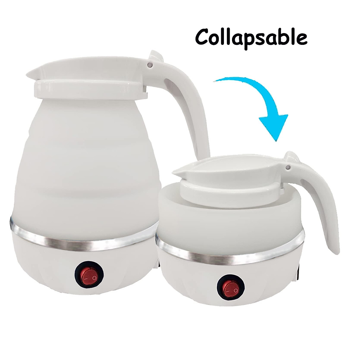Foldable Portable Electric Kettle with Food Grade Silicone, 6 Mins Fast Water Boiling Tea Pot Coffee Pot for Camping or Travel, Collapsible Kettle with Separable Power Cord 110V US Plug 600ML White