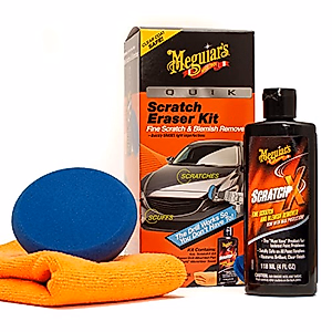 Meguiar's Quik Scratch Eraser Kit, Car Scratch Remover for Repairing Surface Blemishes, Car Care Kit with ScratchX, Drill-Mounted Pad, and Microfiber Towel, 3 Count