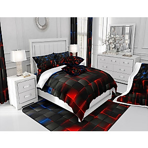 Feelyou Red Blue and Black Comforter Set Full Size Kids Light Geometric Comforter for Boys Teens Geometry Bedding Set Modern Style Duvet Set Room Decor Quilt Set