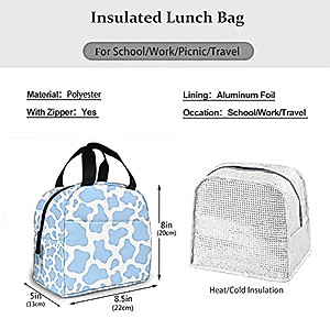 koikvs cute Light Blue Cow Lunch Bag Insulated Tote Cooler for Women,small cute Lunch Box Womens Freezable Cooling Light Blue Cow Waterproof