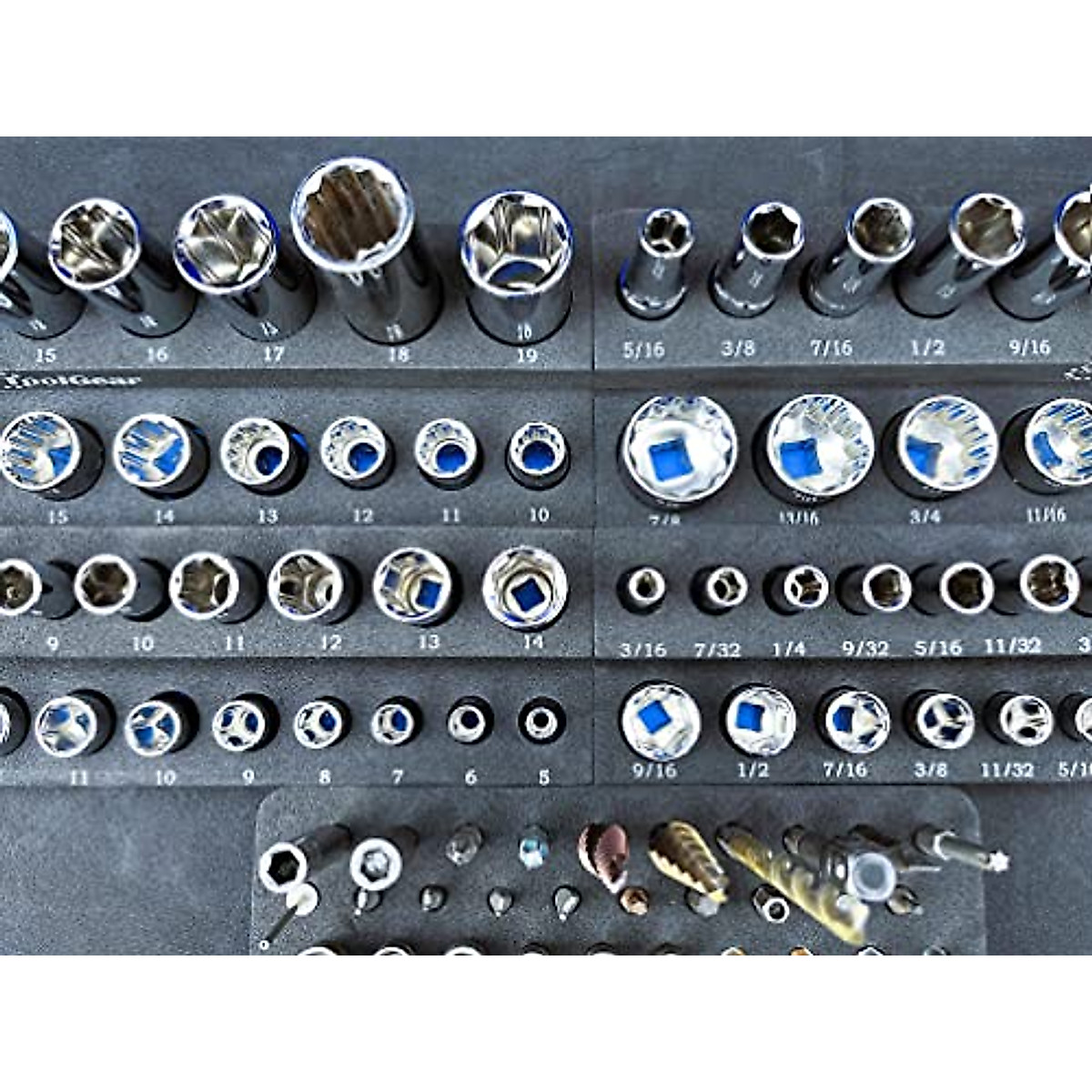 ToolGear Socket Organizer, Easy to Read Size labels, 80 sockets w/added 50 hex bit holder, both deep & standard sockets, metric & standard, 3/8 and 1/4 inch drive socket holder, tool organizer trays
