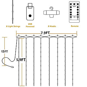 YEOLEH String Lights Curtain,USB Powered Fairy Lights for Party Bedroom Wall,8 Modes & IP64 Waterproof Ideal for Outdoor Wedding Home Garden Christmas Decor (Warm White,7.9Ft x 5.9Ft)