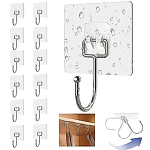 Aussido Large Wall Hooks for Hanging Heavy Duty 12 Pack Adhesive Hooks for Coat Towel Waterproof and Oilproof Sticky Hooks for Bathroom Kitchen(Transparent)