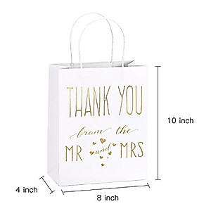 LaRibbons Medium Size Gift Bags - Gold Foil Mr. and Mrs. Thank You White Paper Bags with Handles for Wedding, Bridal Shower, Birthday, Baby Shower, Party Favors - 25 Pack - 8" x 4" x 10"