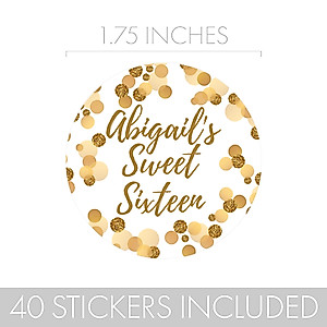 Personalized White and Gold Sweet 16 Birthday Party Favor Stickers with Name - Custom Envelope Seals, Bag Stickers - 1.75 in. Round - 40 Labels