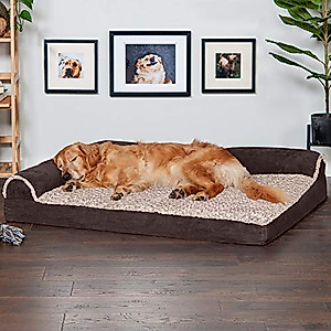 Furhaven Orthopedic Dog Bed for Large Dogs w/ Removable Bolsters & Washable Cover, For Dogs Up to 95 lbs - Two-Tone Plush Faux Fur & Suede L Shaped Chaise - Espresso, Jumbo/XL