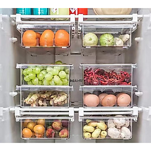 FineNoke Fridge Drawer Organizer,Refrigerator Organizer Bins,Fridge Storage Box Shelf Holder,Pull Out With Handle,Clear Container For Food,Drinks,Fit for Fridge Shelf Under 0.6" (2-Pack,4-grid)