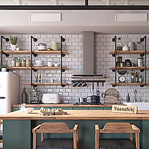 Yuanshikj 2Pc (42" Tall) (12" deep) Industrial Wall Mount Iron Pipe Shelf Shelves Shelving Bracket Vintage Retro Black DIY Open Bookshelf DIY Storage offcie Room Kitchen (2 Pcs 4Tier Hardware Only)