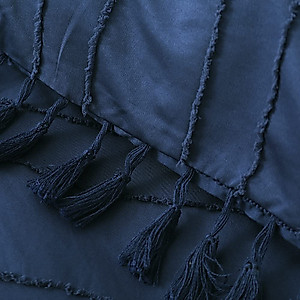 Vaulia Soft Microfiber Textured Duvet Cover Set with Tassels Design, Boho Chic Embroidery Striped Pattern Dark Blue, Queen Size 3-Piece Set (1 Duvet Cover 2 Pillow Shams)