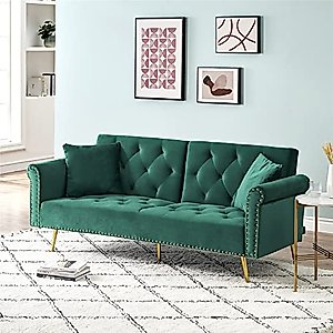 PBOGHLRD Convertible Velvet Loveseat Sofa, Upholstered Nail Head Futon Sofa Bed with Two Pillows, Modern Sleeper Couch Bed for Living Room, Bedroom, Home Office (Green)