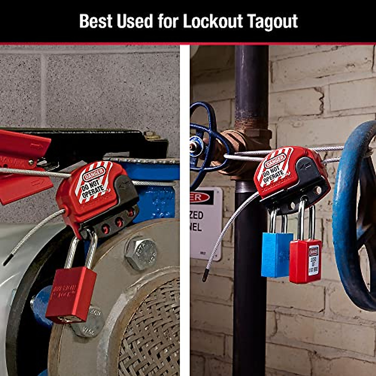 Master Lock S806 Adjustable Lockout Tagout Steel Cable, 5/32" Diameter, Black/Red