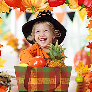 Qinyoung 12 Pcs Fall Basket for Gifts Empty 9.8 x 6.5'' Autumn Plaid Gift Basket Empty to Fill with Handles, Bows, Plastic Bags and Twist Ties for Autumn Thanksgiving Party Favor Supplies