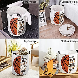 Laundry Hamper, Basketball I Know I Play Like A Girl Try And Keep Up Text Freestanding Collapsible Clothes Hamper with Handles Water Repalent Storage Basket for Clothes Toys 16.5"x17"
