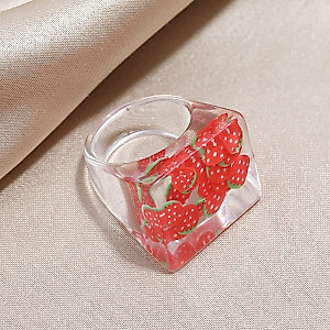 MOKAVIKY 25 2 Pcs Chunky Resin Fruit Rings Set Colorful Strawberry Acrylic Rings for Women