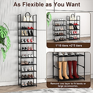 KKEETUR 10 Tier Shoe Rack, Tall Narrow Shoes Rack Storage Organizer 20-25 Pairs Boots Space Saving, Stackable Sturdy Metal Shoe Shelf for Closet, Entryway, Garage, Black