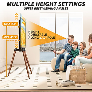 TVON Easel TV Stand with Tripod Base for 37–65 Inch Flat/Curved Screen TVs up to 77 lbs, Height Adjustable TV Floor Stand with Cable Ties and 100° Swivel for Bedroom, Living Room, Studio, Brown