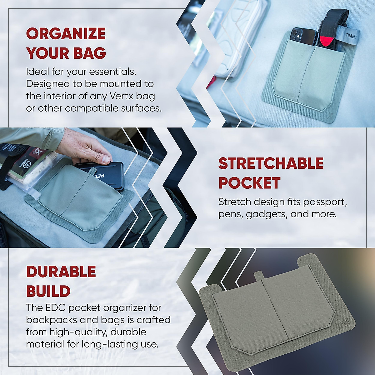 Vertx Stretch Pocket Organizer Insert Attachment for Backpack, Bag Organization, Large